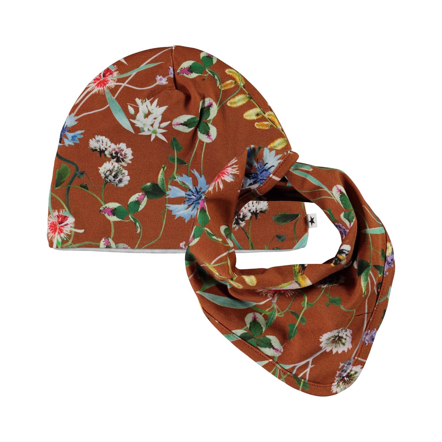 Ned Hat and Bib Set - Wildflowers - Brown baby hat and bib floral - Molo