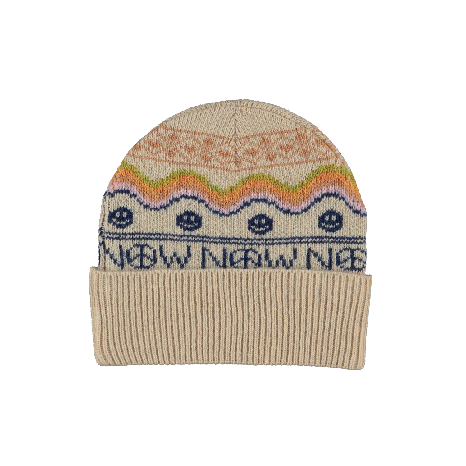 Kipp - Peace Now Knit - Beige knit hat with peace signs and smileys - Molo