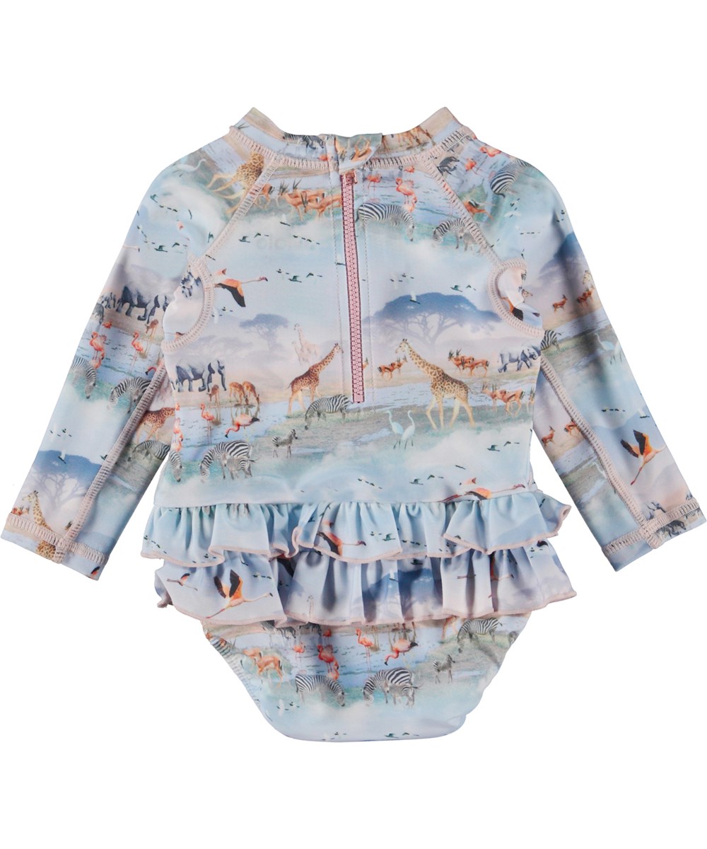 Narice - Savannah Mist - Lyseblå badedragt med dyre print og flæsekant ...