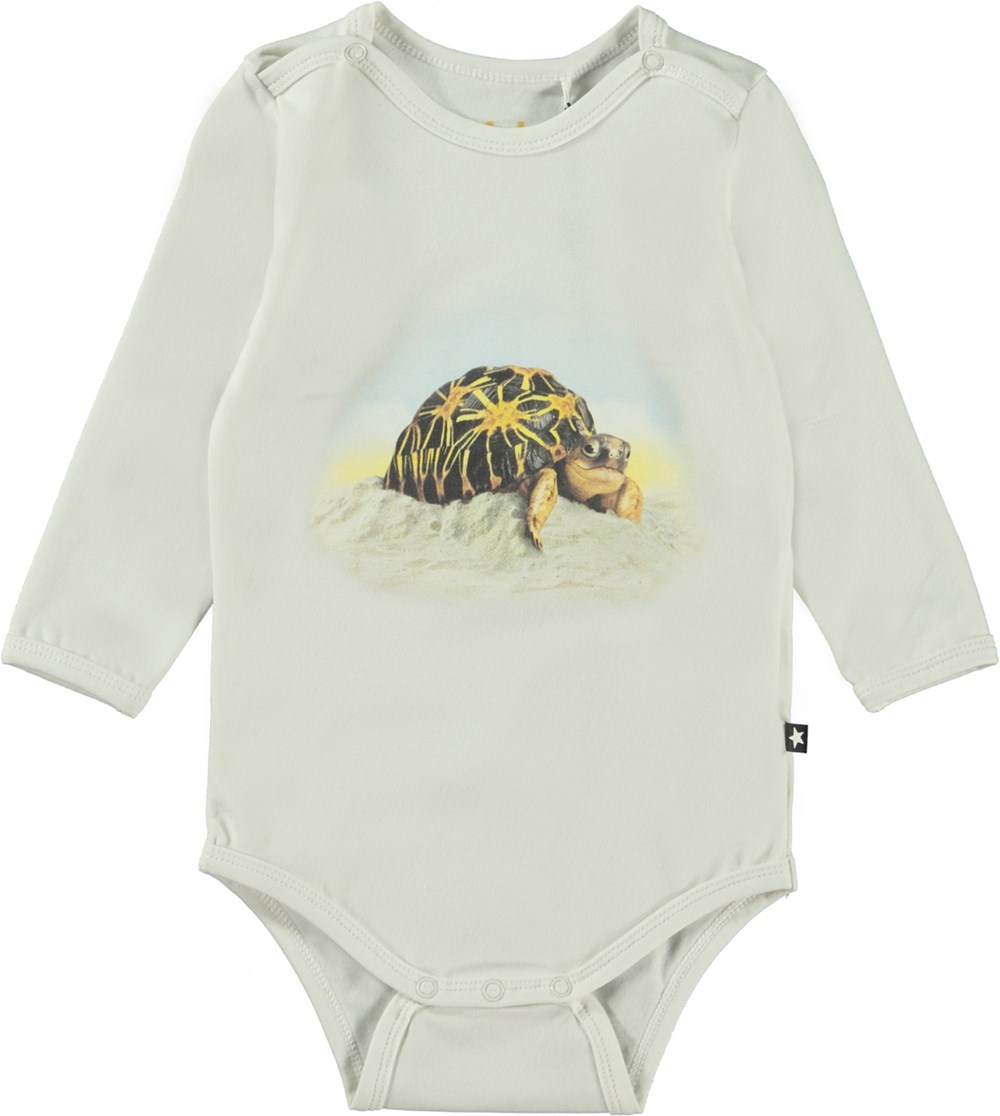 Foss - Happy Turtle - Grey baby bodysuit with turtle print - Molo