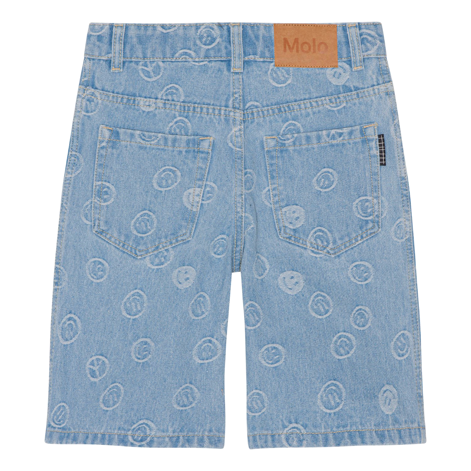 Art - Happiness Light - Knee length denim shorts with smiling faces ...