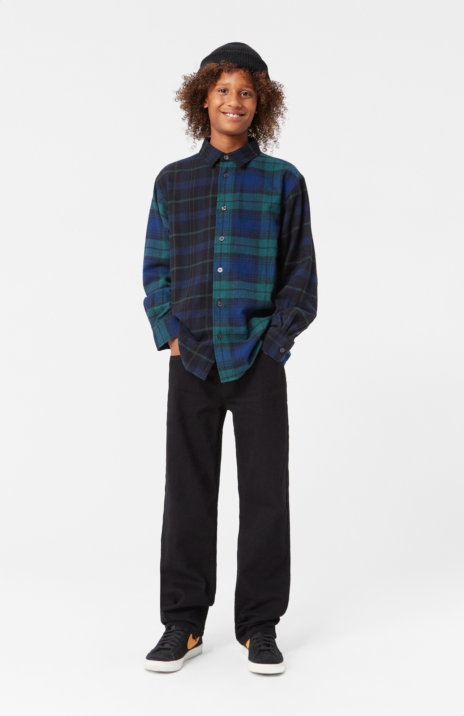 Remon - Dark Pine - plaid shirt in organic cotton in green, black, and ...