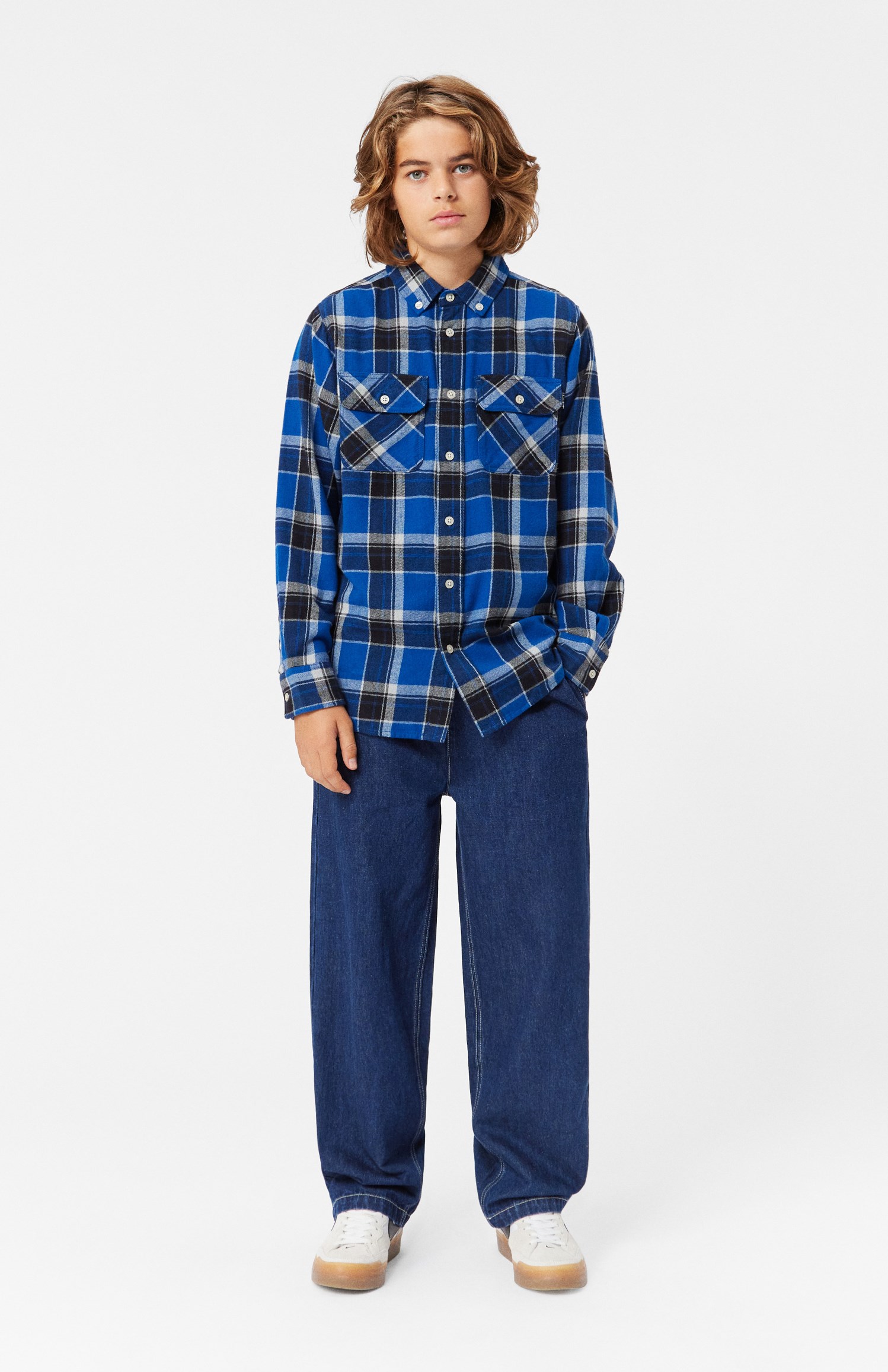 Rozzy - Oceanic Check - Blue, white, and black plaid organic cotton shirt with button closure ...