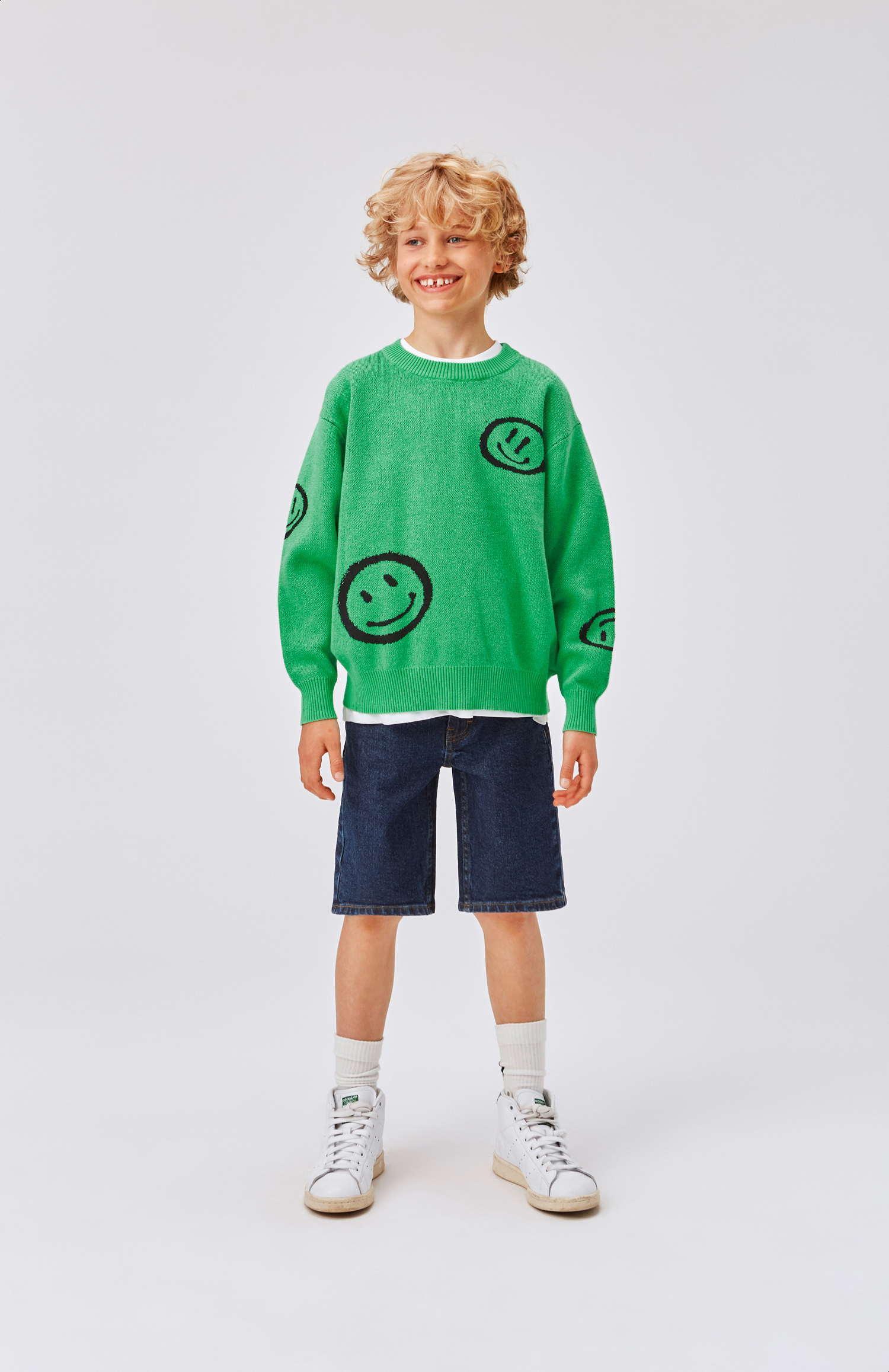 Bello - Smile On Green - Green knit jumper with smiley faces - Molo