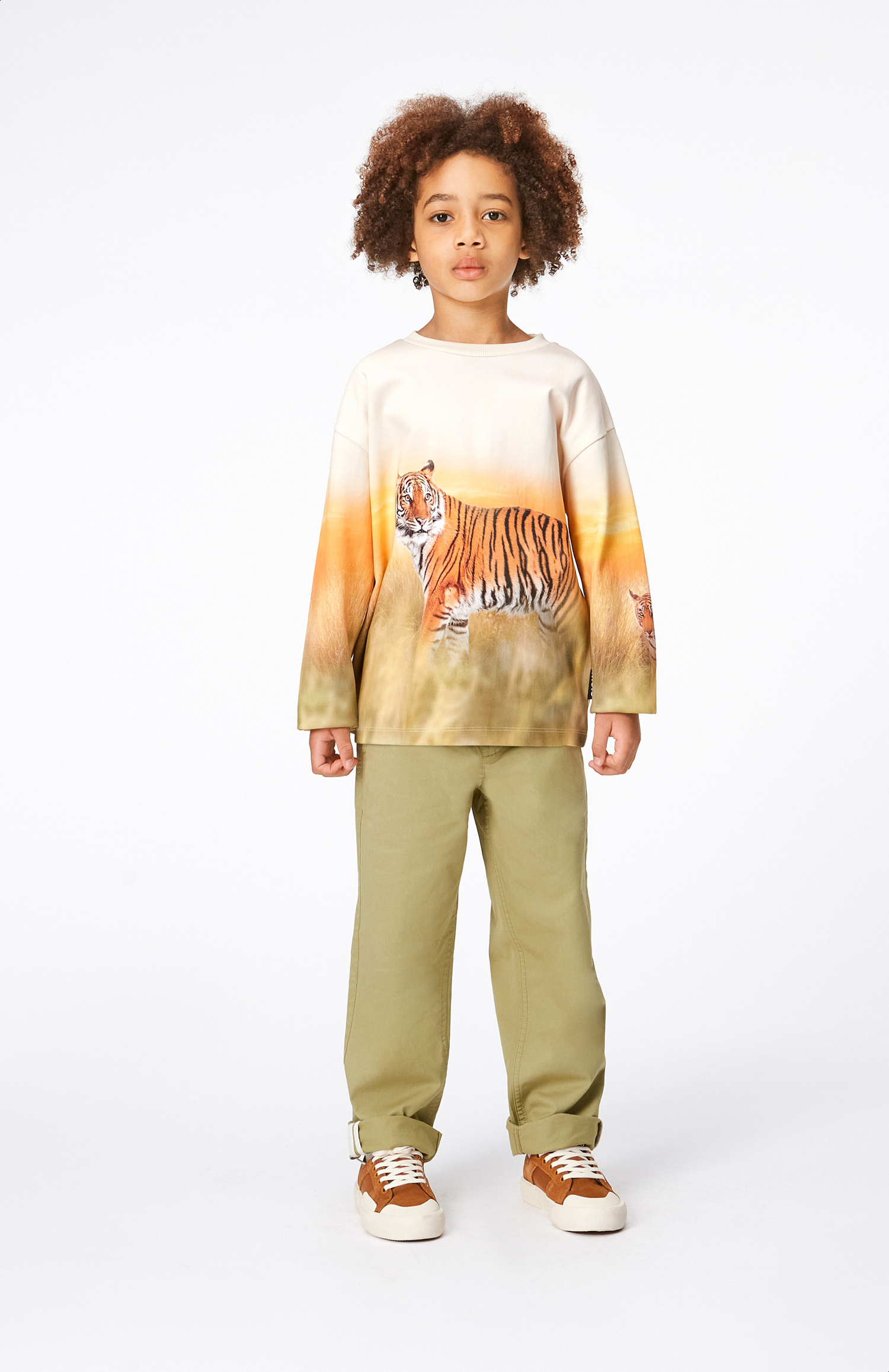 Mountoo - Sunrise Tiger - Orange, organic sweatshirt with placement tiger print - Molo