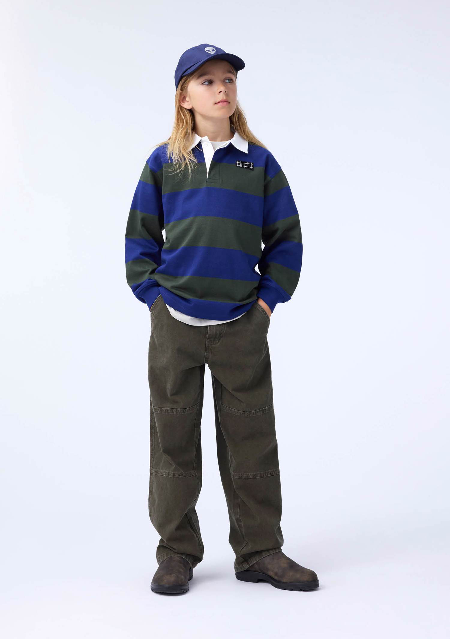 Relz - Forest Blue - Wide-striped blue and dark green rugby shirt for children made of soft ...