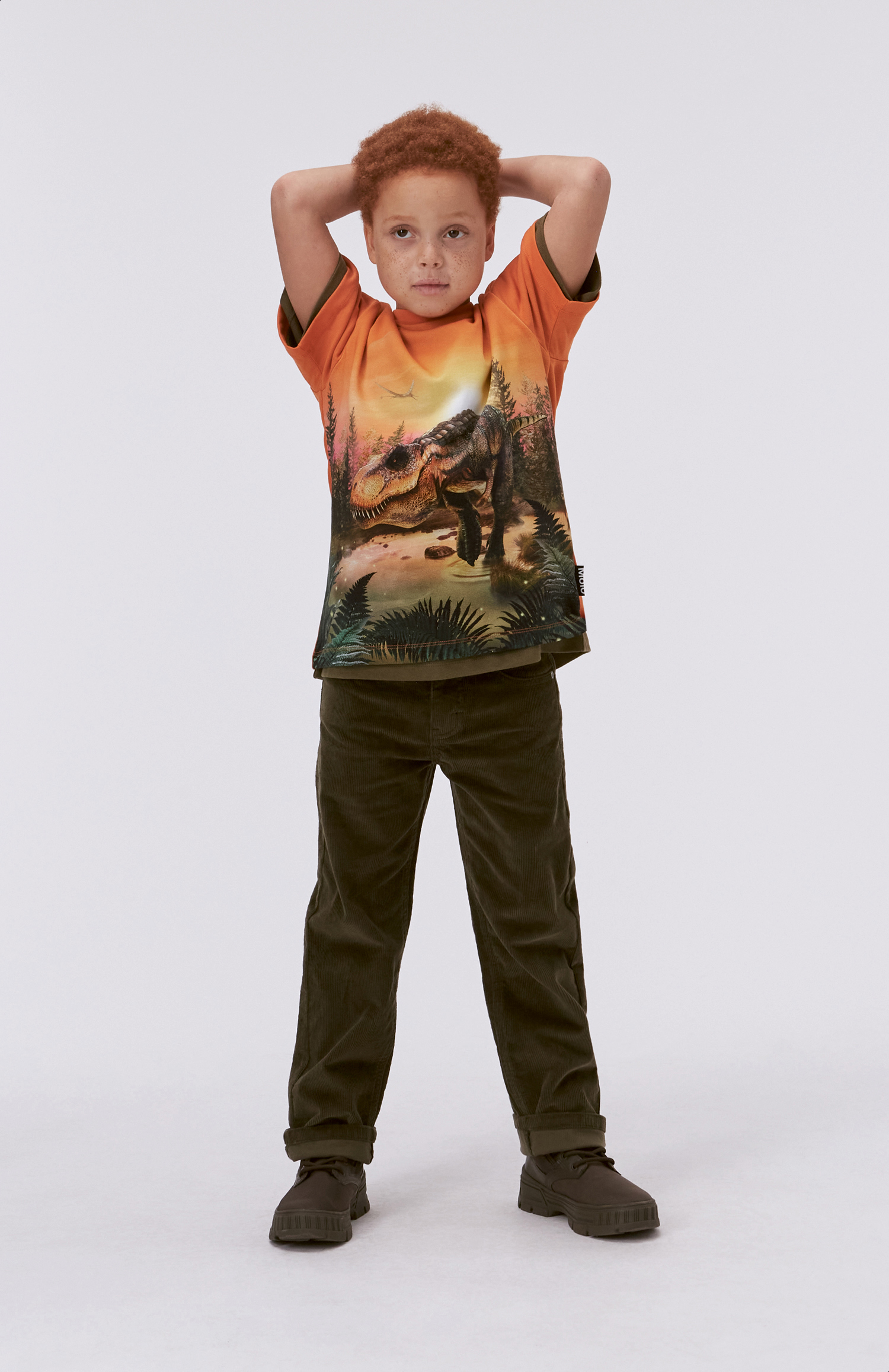 Riley - Dino Lake - Orange organic t-shirt with dinosaur print - Molo