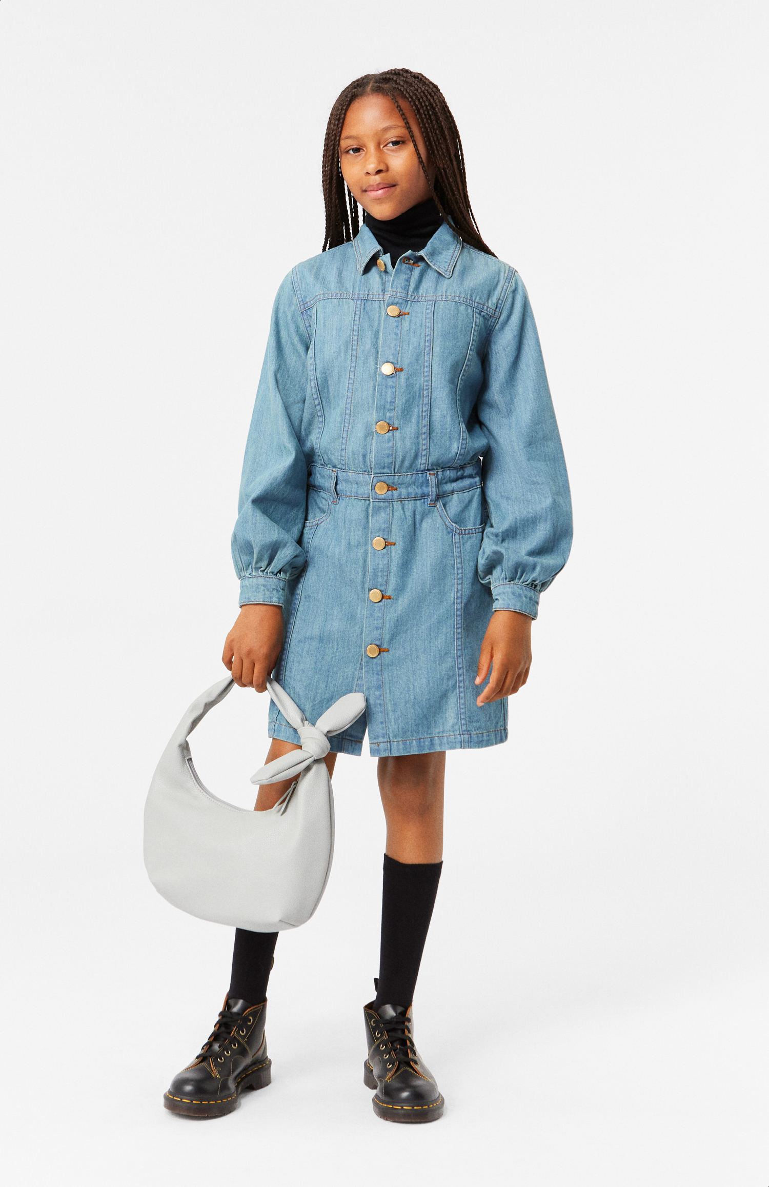 Chaya - Washed Denim Blue - Light blue denim dress with front pockets ...