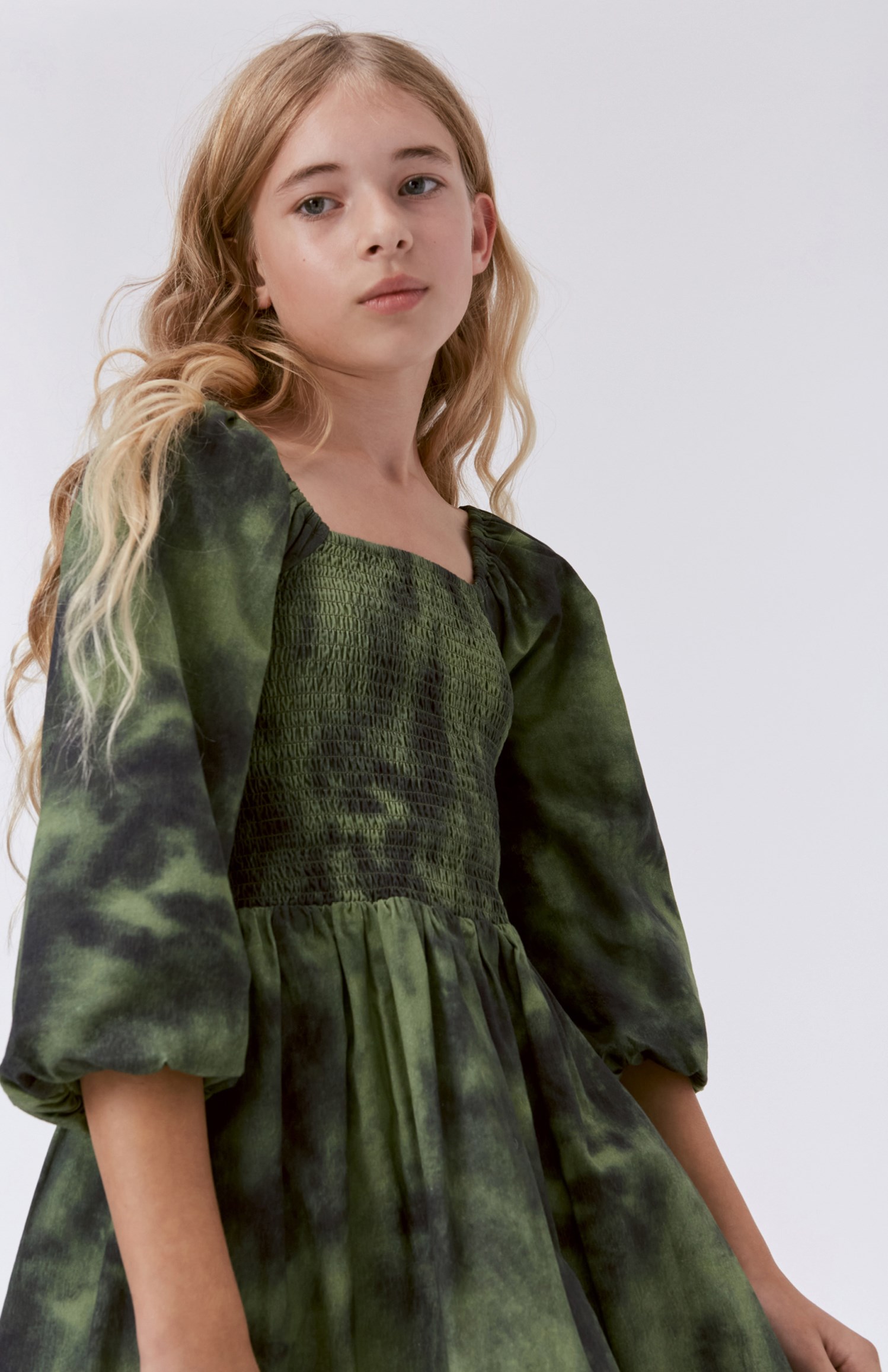 Cherisa - Moss Tie Dye - Green midi dress with smocking and all over ...