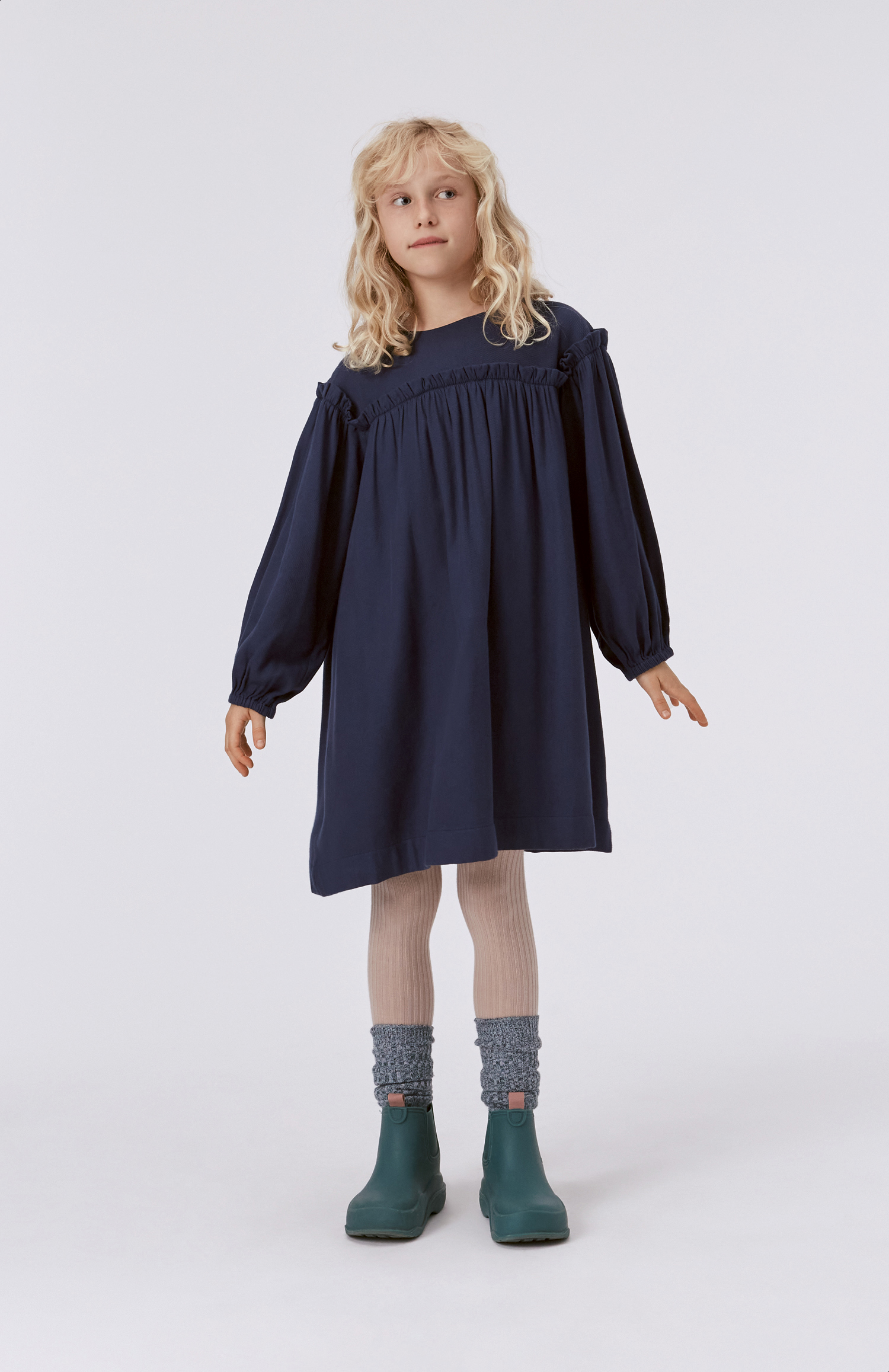 Cilla - Navy Sky - Dark blue knee length dress with ruffle detail - Molo