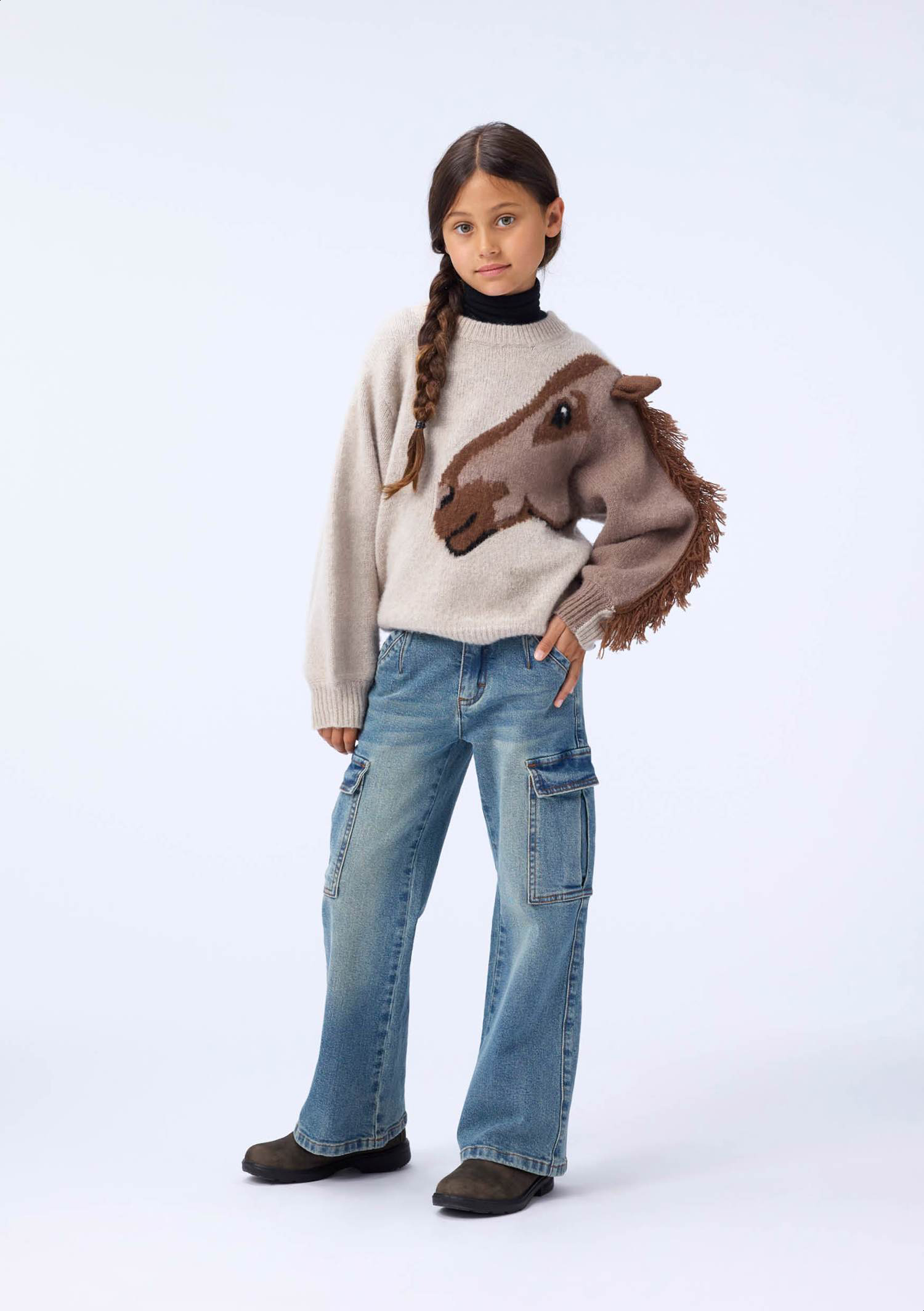 Gisela - Horse Knit - Brown knitted sweater for children made of wool ...