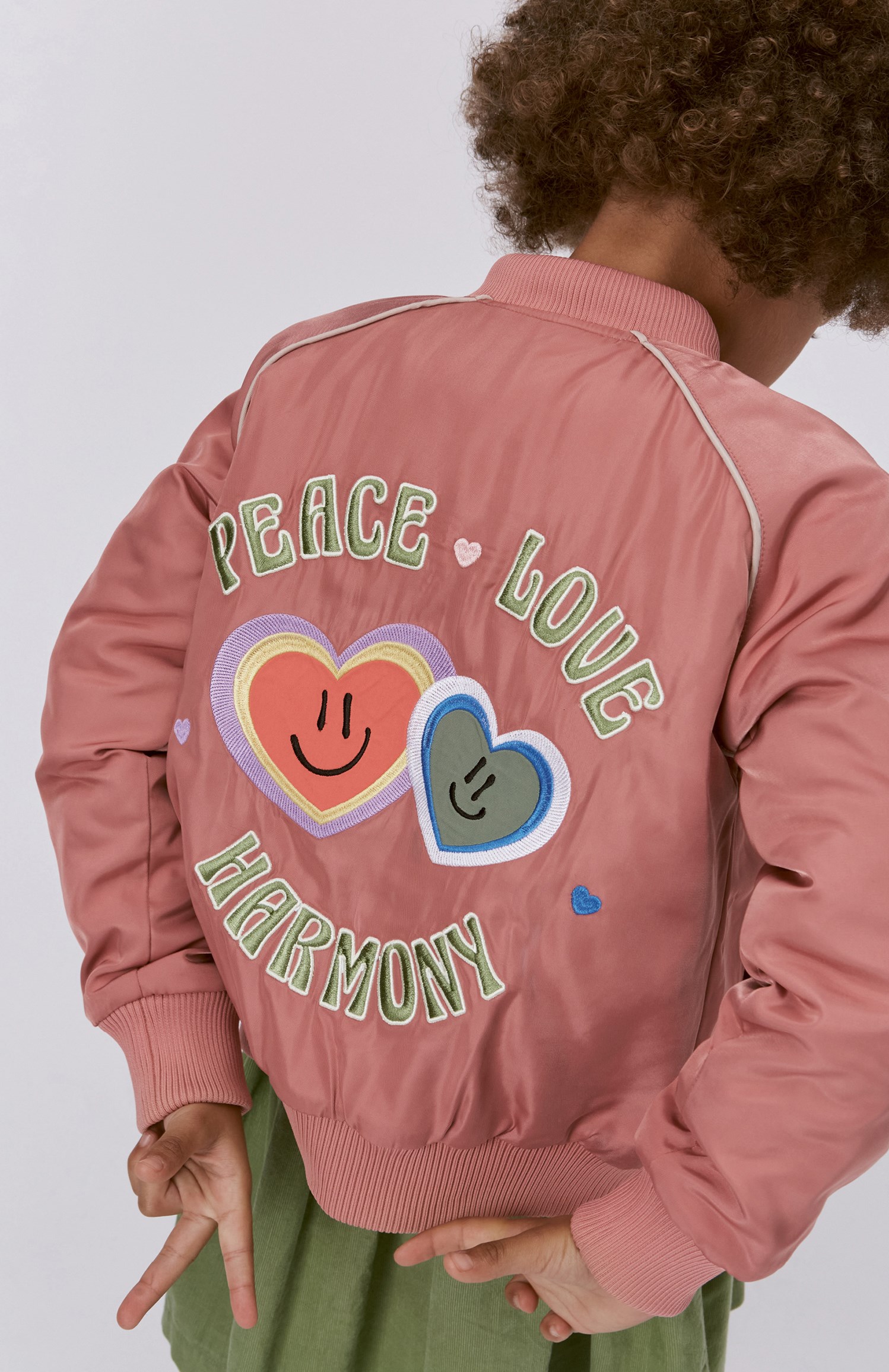 Hatty - Muted Rose - Pink bomber jacket with peace love embroidery - Molo