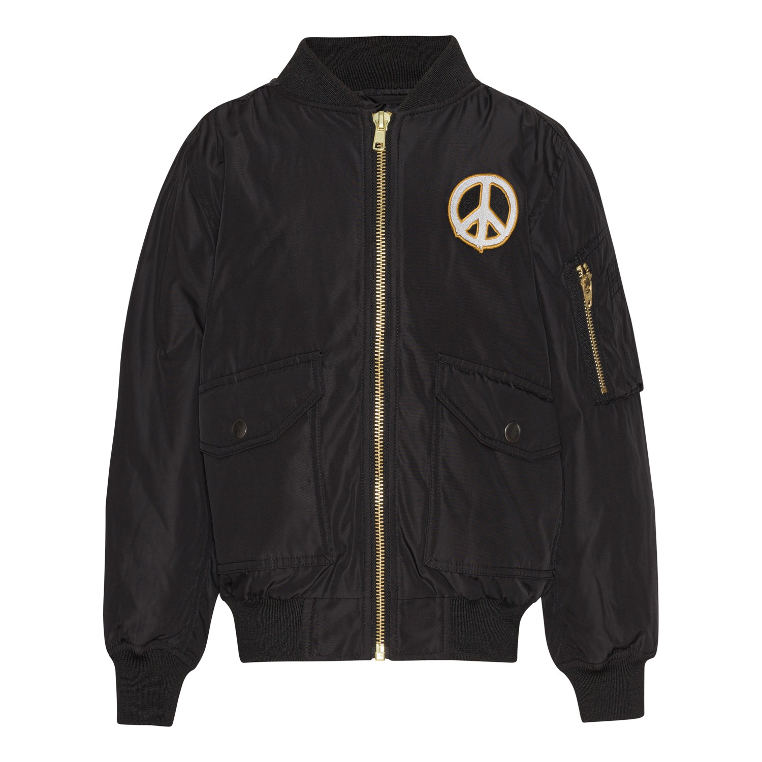 Heath - Black - Black bomber jacket with large, embroidered peace sign ...