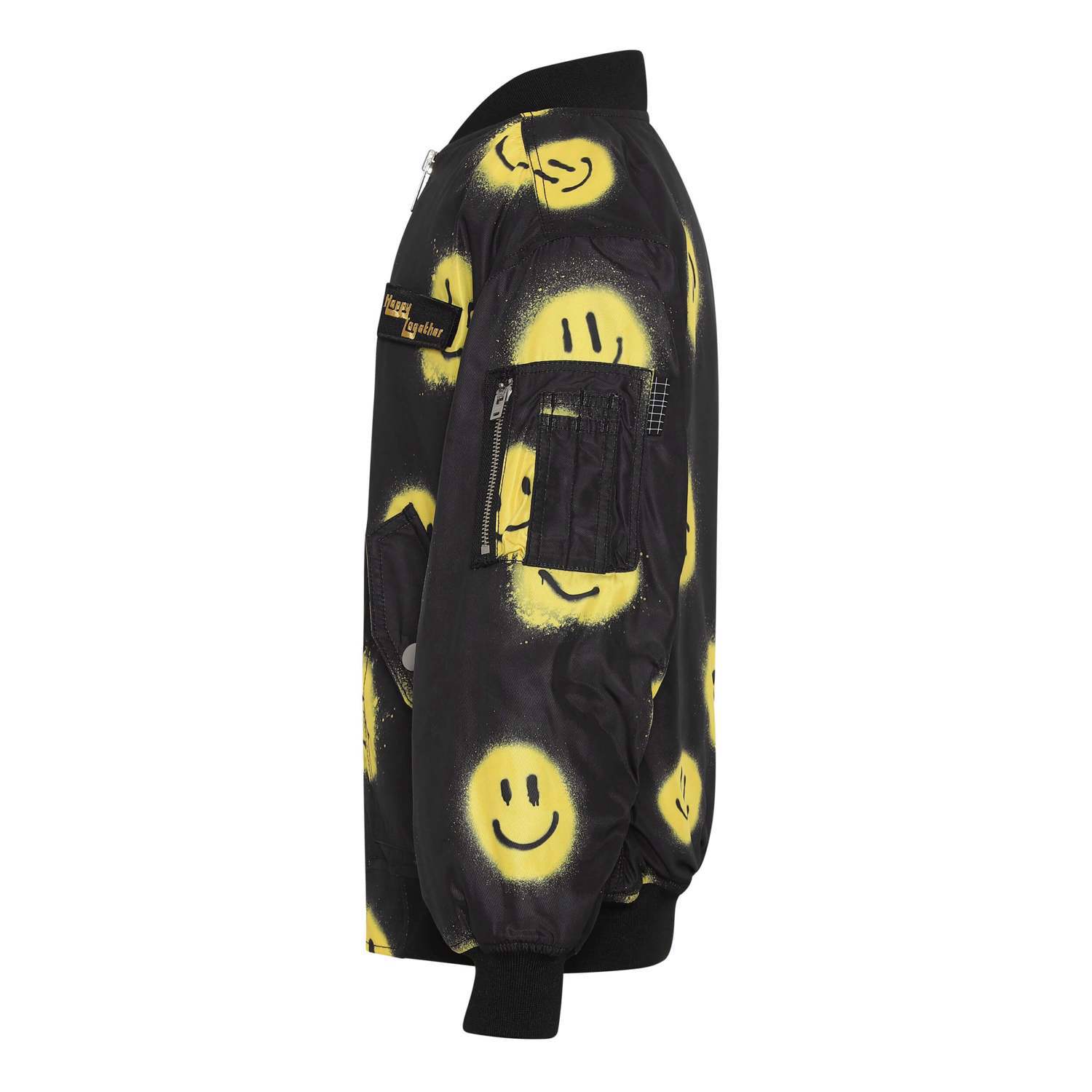 Heath - Happy! - Black bomber jacket with yellow smiley faces - Molo