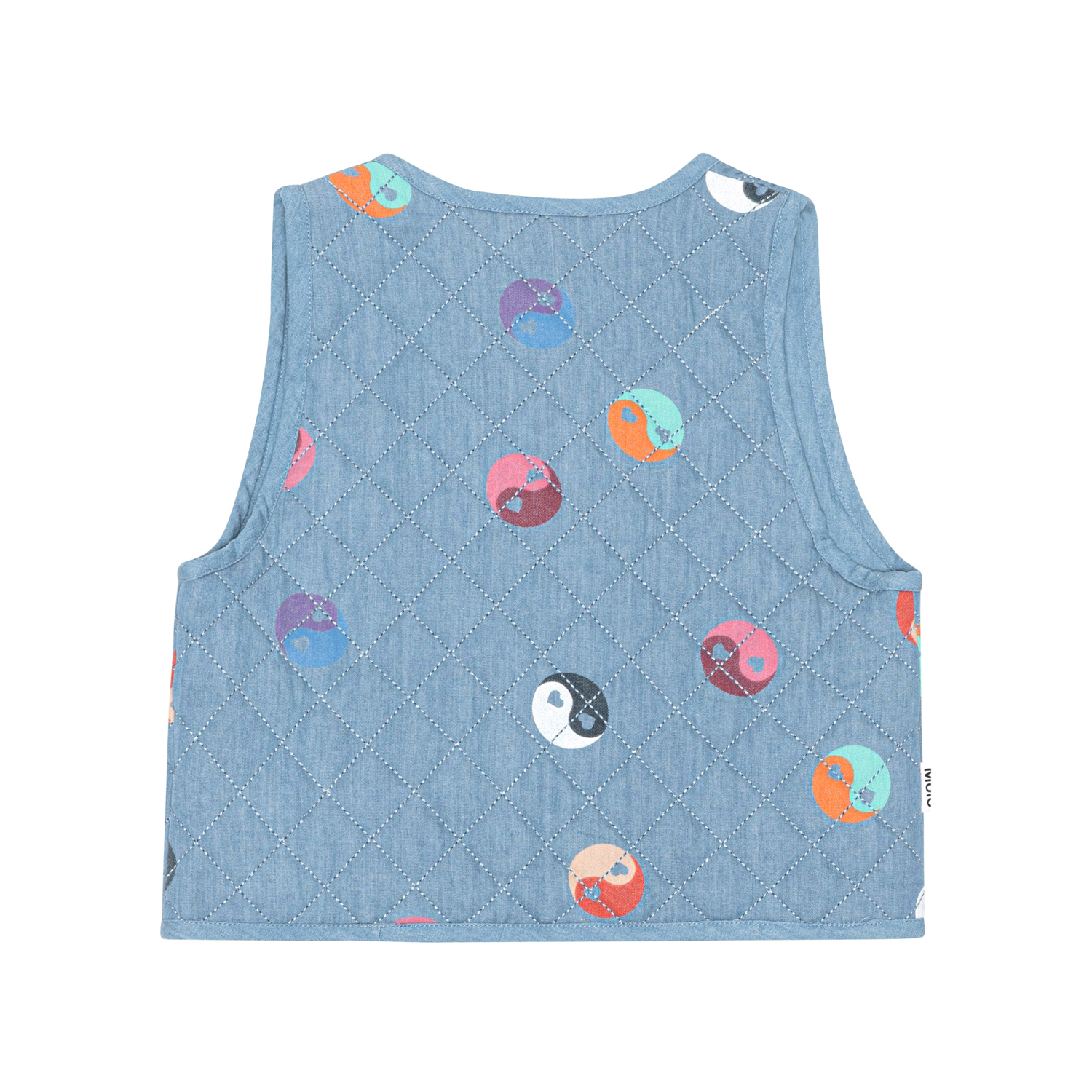 Hilma - Yin Yang Mini - Denim blå foret vest i quiltet bomuld med print ...