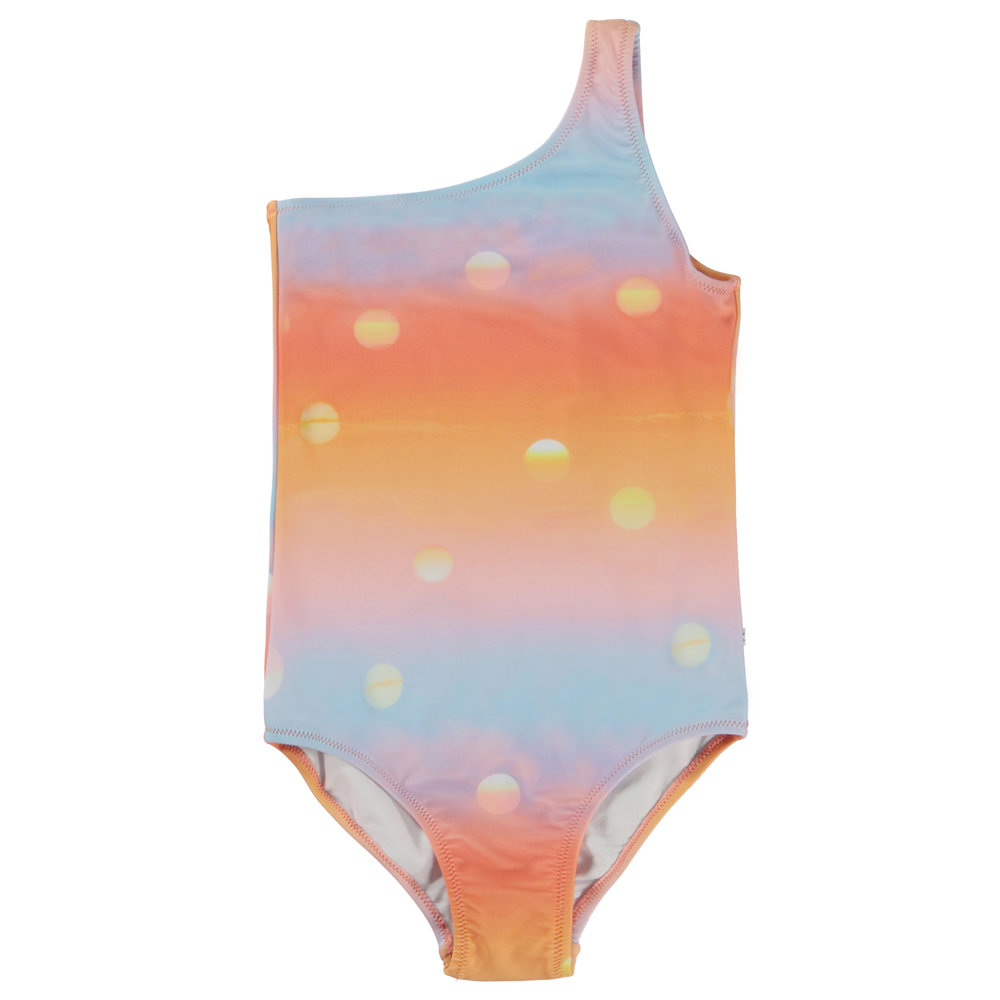 Nai - Sun - Asymmetrical swimsuit in light blue and orange with suns - Molo