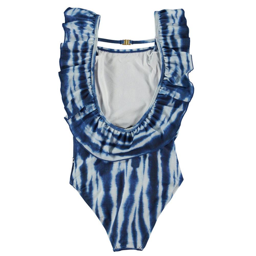 Nathalie - Tie Dye Vertical - Blue tie-dye swimsuit with ruffle edges ...