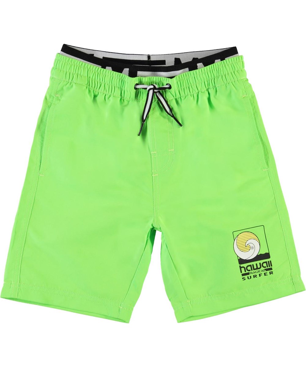 Neal Solid - Scuba Green - Long UV swim trunks in neon green - Molo