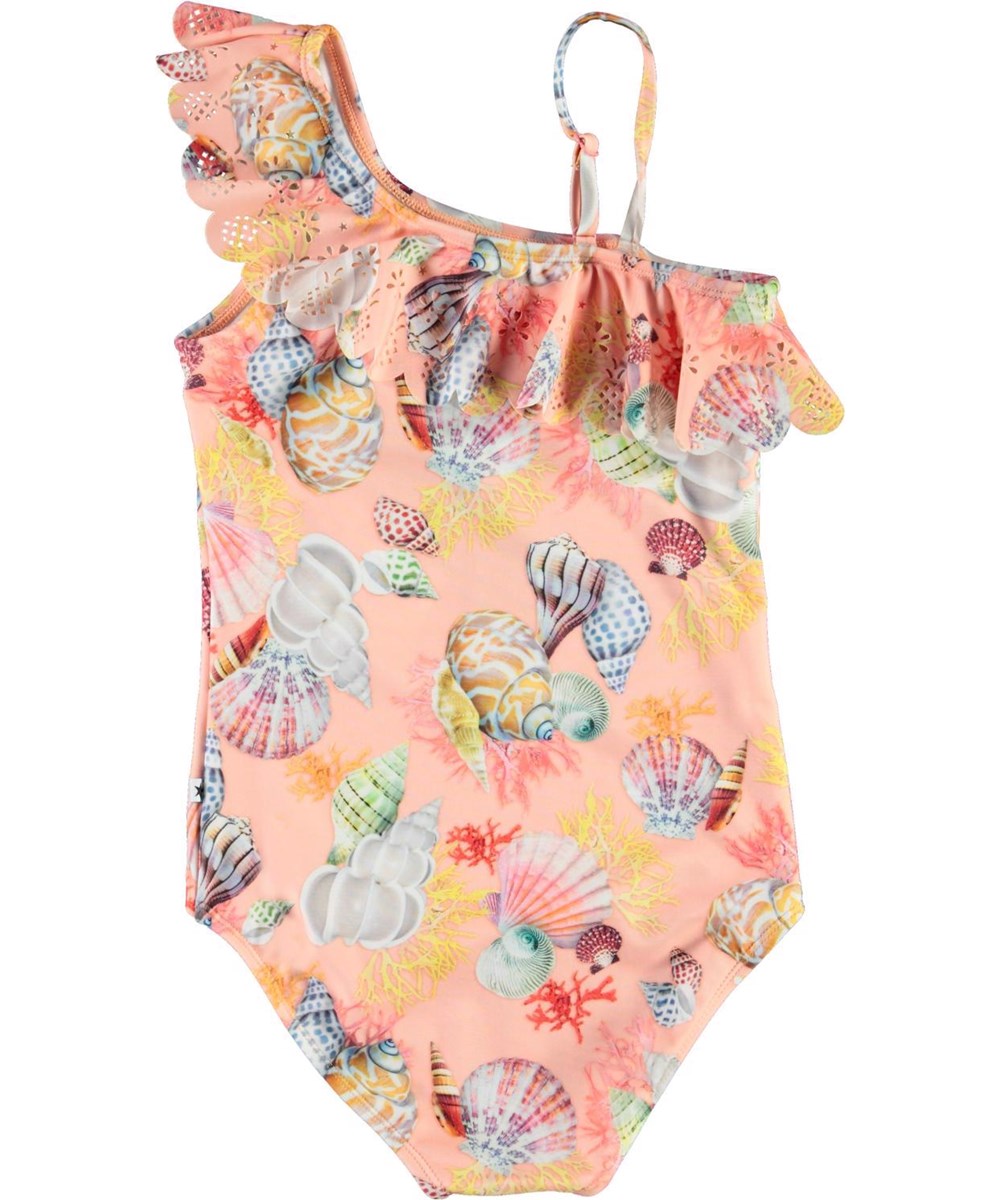 Net - Sea Treasures - Asymmetrical, peach coloured UV swimsuit with sea ...
