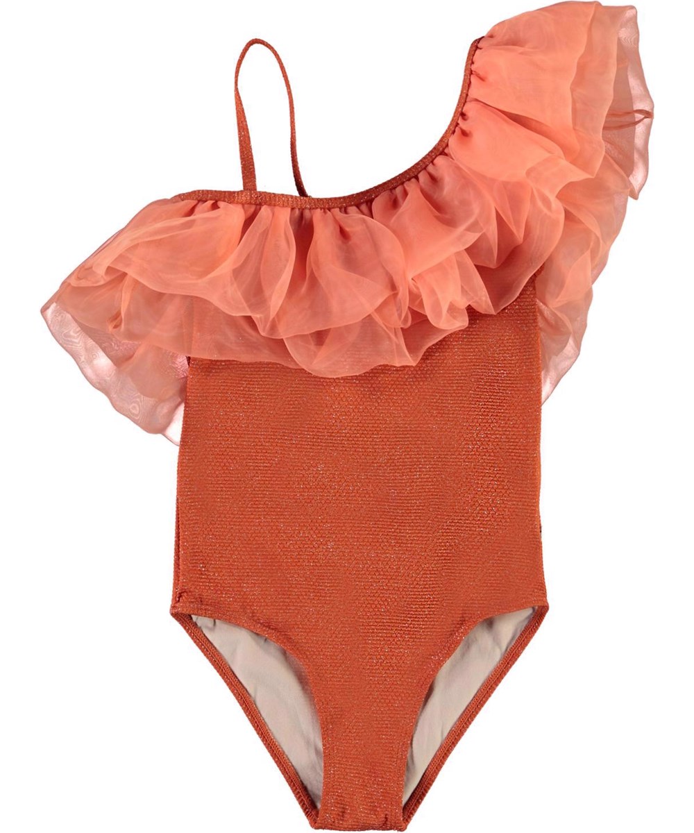 Nilla - Rusty - Rust red sculptural swimsuit with chiffon collar - Molo