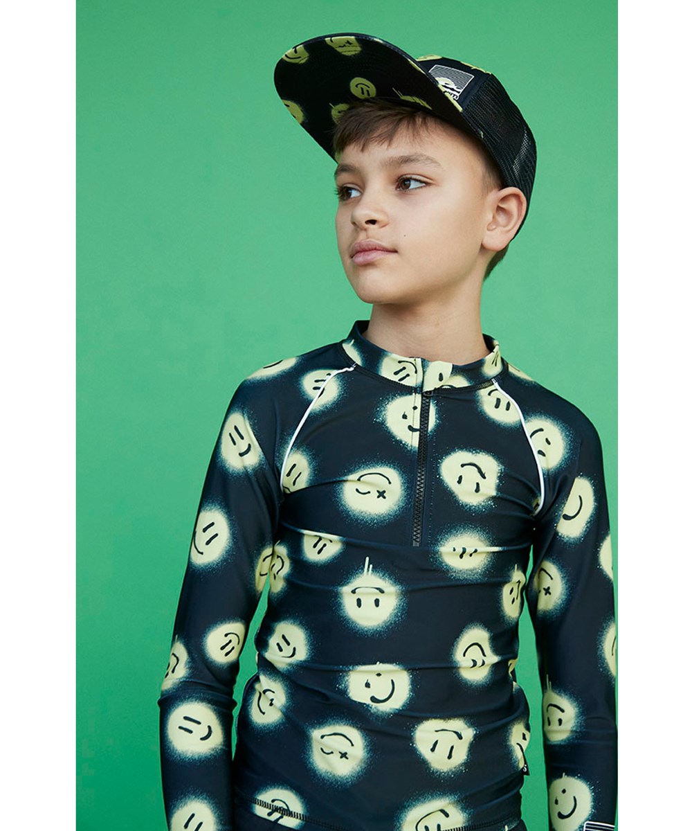 Noble - Happy Sunny - Black rash guard with print of yellow faces - Molo